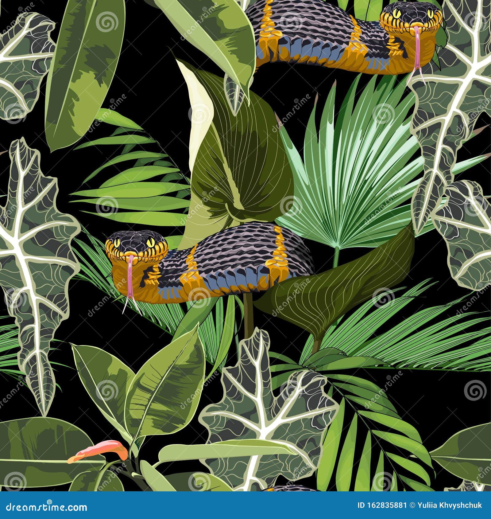 Snake and Tropical Plants Seamless Pattern. Jungle Summer Art . Fashion ...