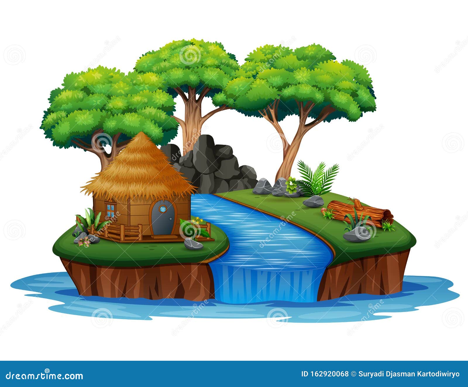 Island with Hut and Waterfall Illustration Stock Vector - Illustration ...