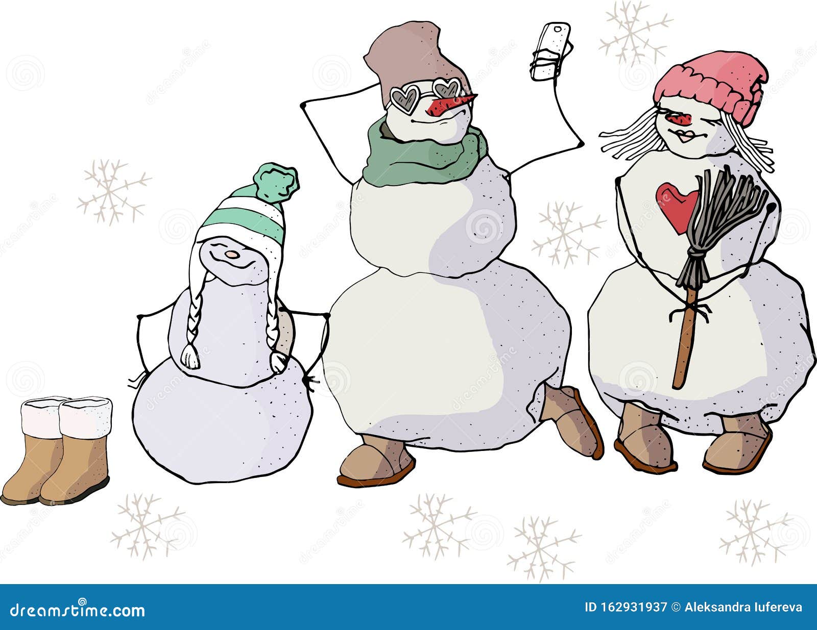 Vector Christmas Illustration of Three Snowmen Dressed in Hats and ...