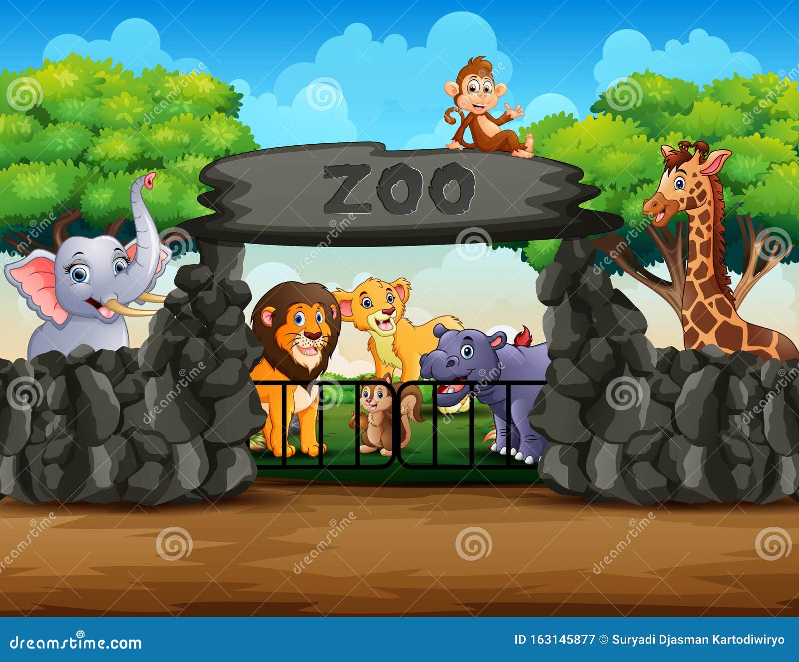Zoo Entrance Outdoor View with Different Cartoon Animals Stock Vector ...