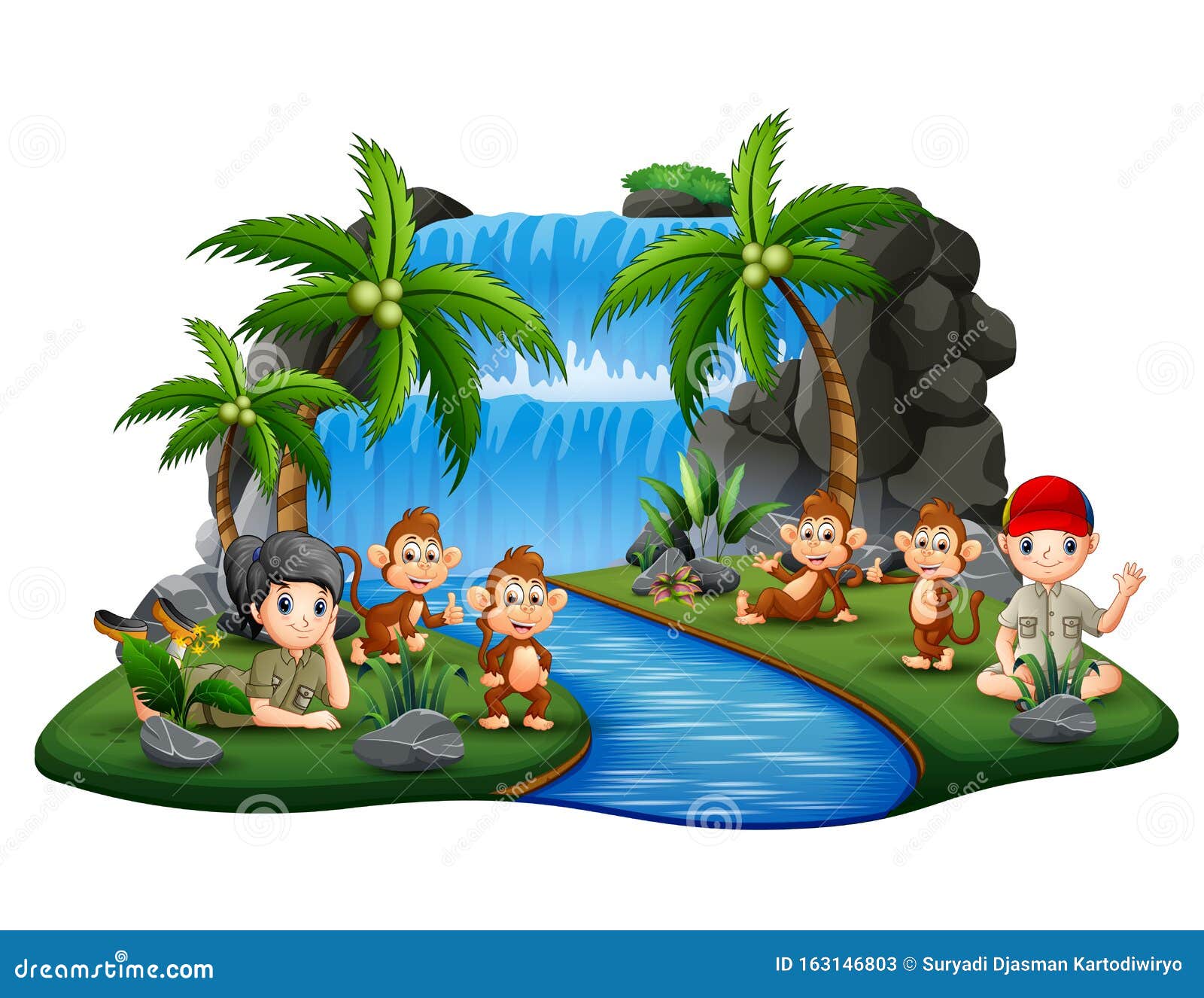 The Scouts with Monkeys on Island Waterfall Stock Vector - Illustration ...