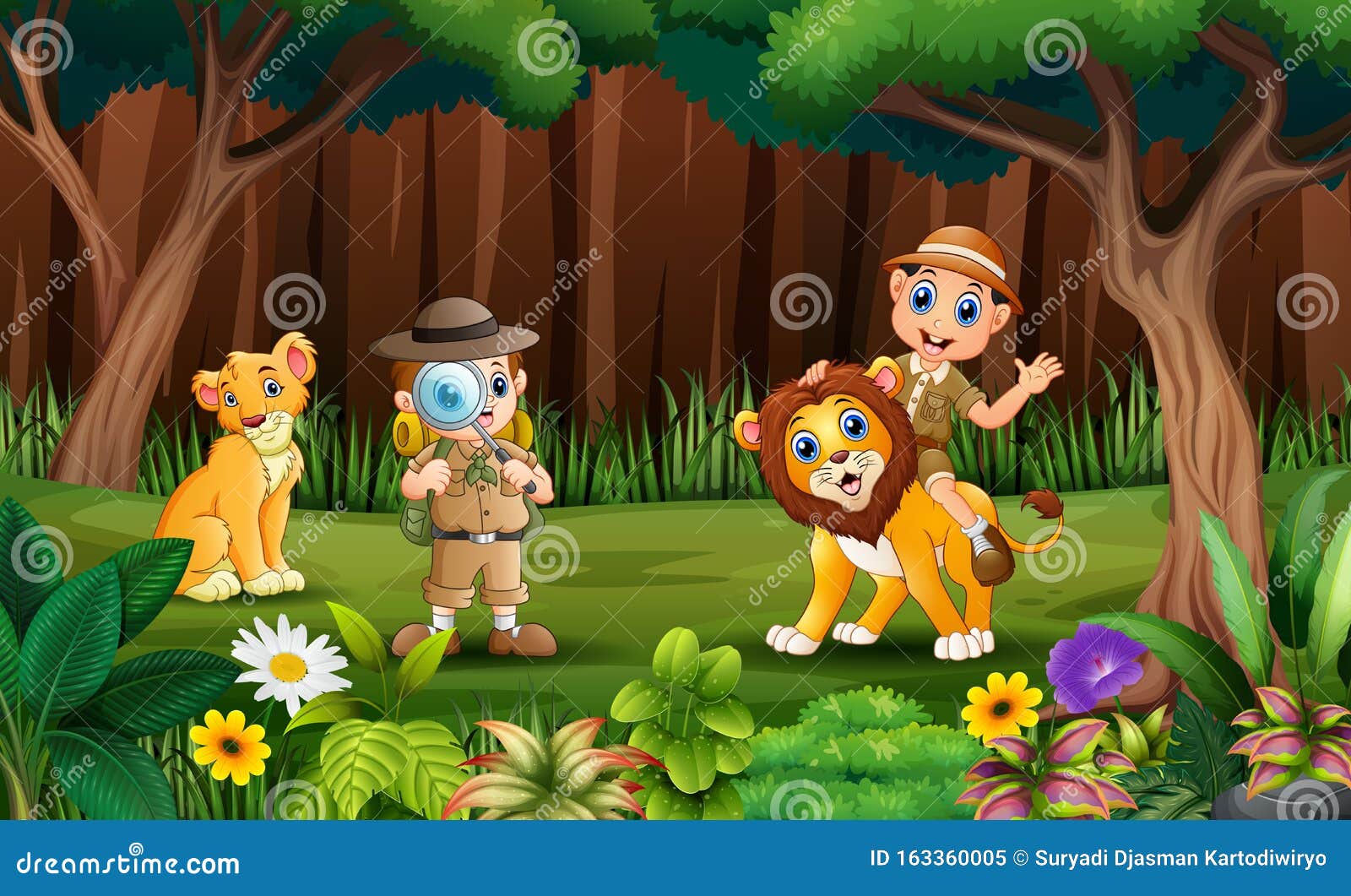 The Explorer with Lions in the Park Stock Vector - Illustration of ...