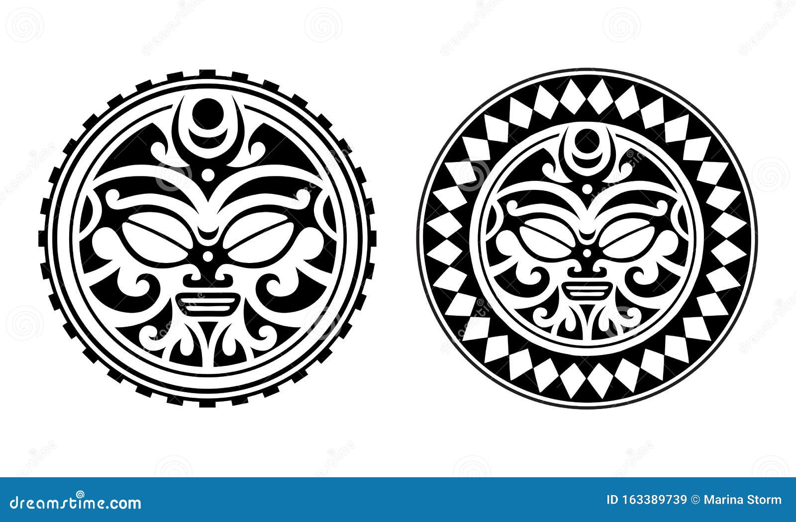 Set of Round Tattoo Ornament with Sun Face Maori Style. Stock Vector ...