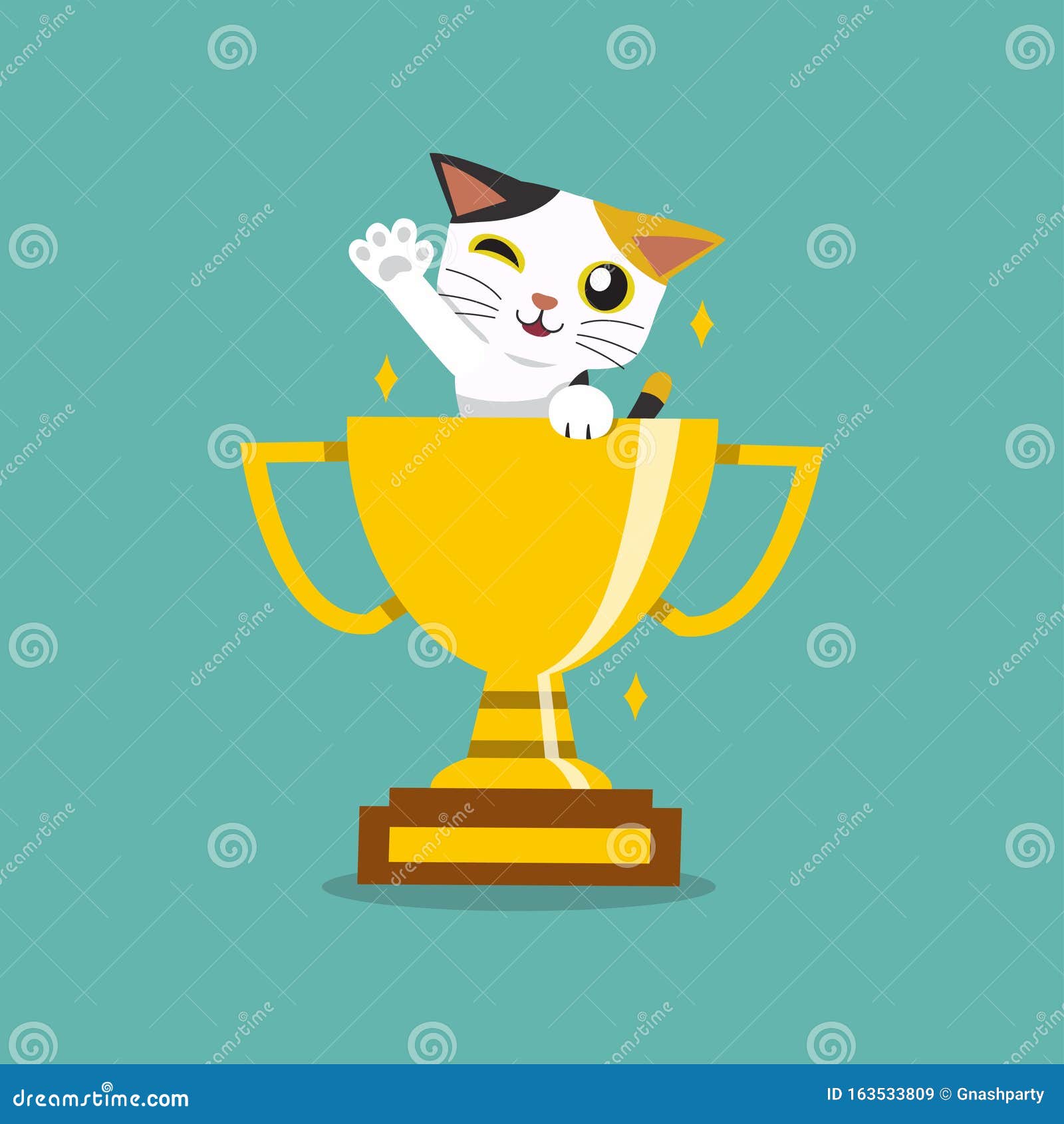 Vector Cartoon Character Cute Cat with Gold Trophy Cup Award Stock ...
