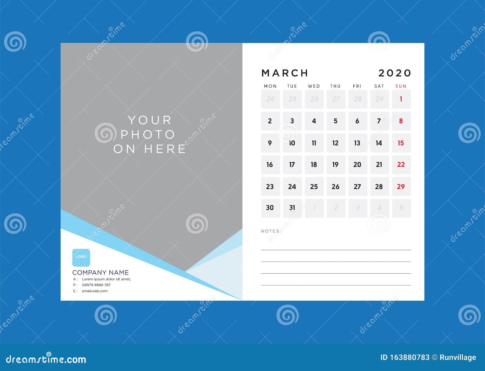 Monthly Desk Calendar with Photo Place Holder and Notes Space. Weekday ...
