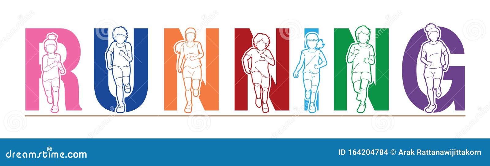 Group of Children Running, Running Text Font Design, Kids Run Together ...