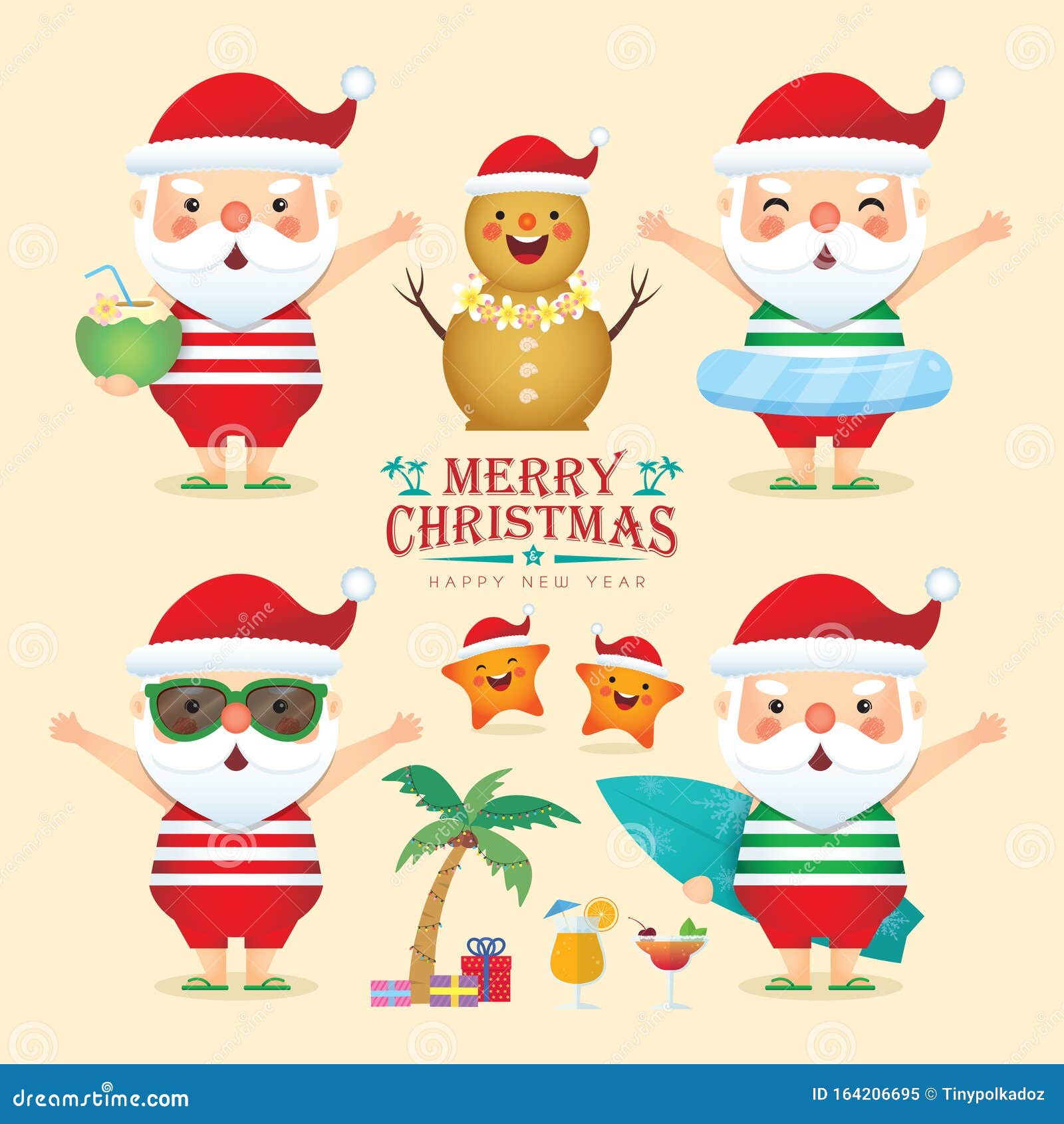 Set of Summer Christmas - Cute Santa Claus Flat Design Collection Stock ...