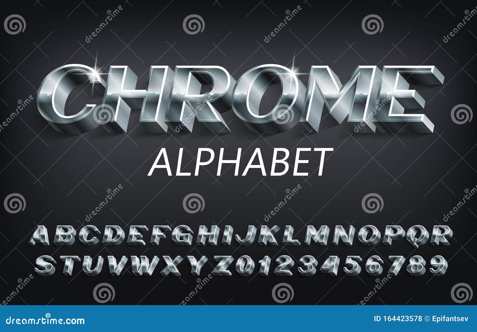 Chrome Alphabet Font. 3D Metallic Letters, Numbers and Symbols with ...