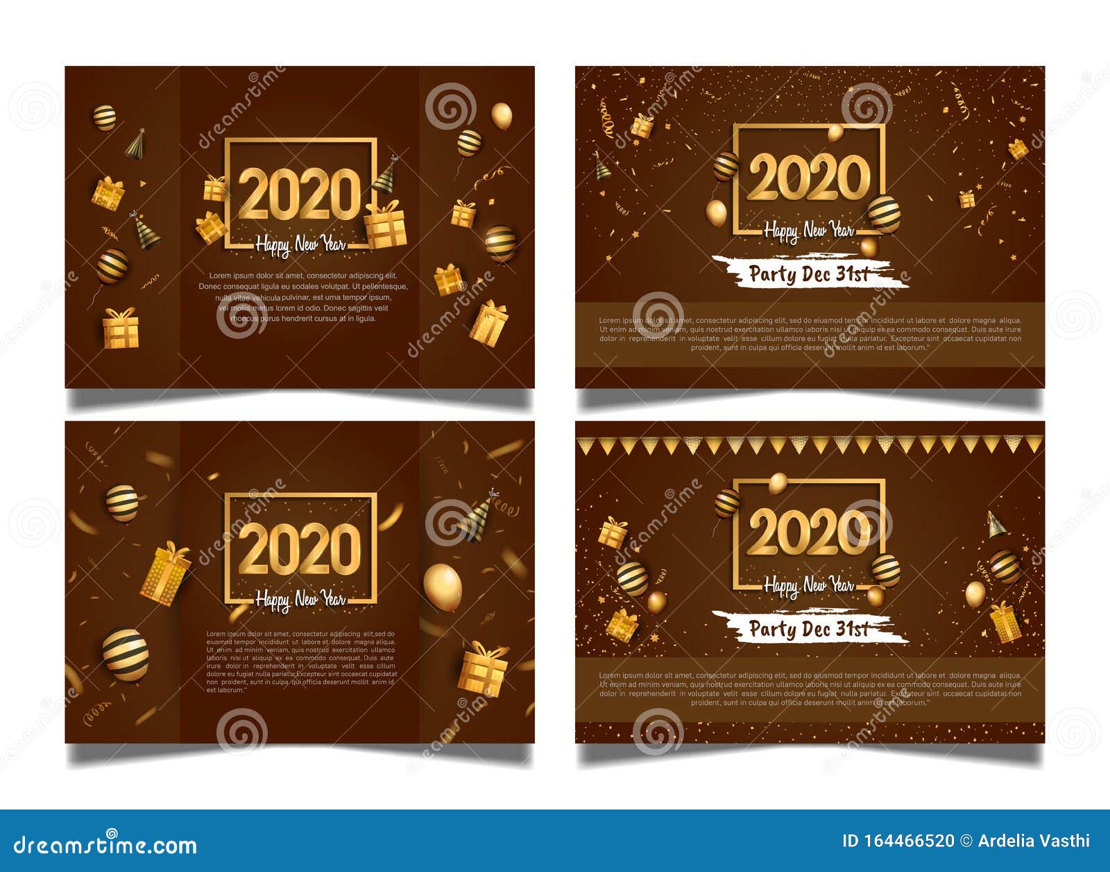 Happy New Year 2020 Template Set with Golden Color and Brown Background ...