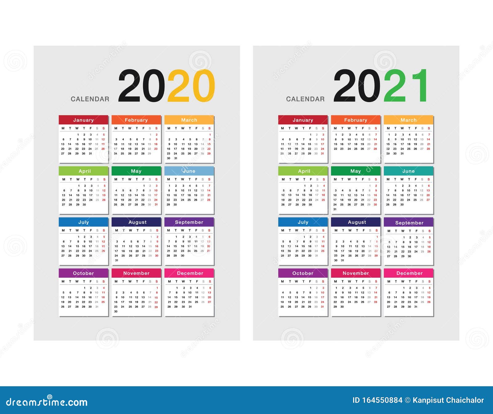 Colorful Year 2020 and Year 2021 Calendar Horizontal Vector Design ...
