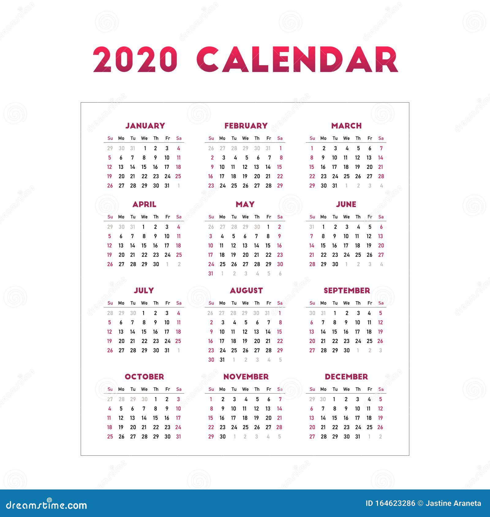 Simple 2020 Calendar Gradient Red Design Stock Vector - Illustration of ...