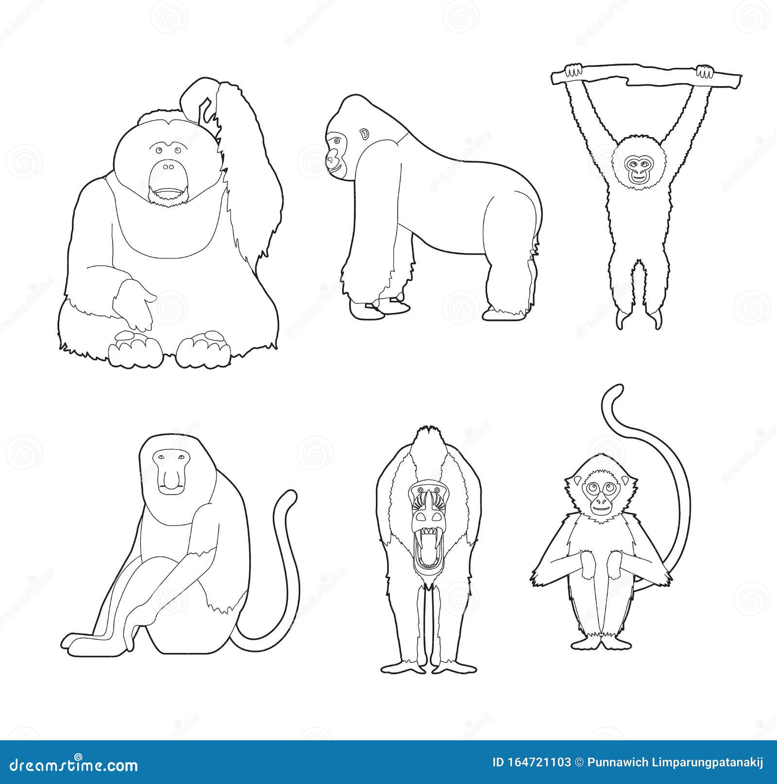 Various Monkey Primate Cartoon Vector Coloring Book Stock Vector ...