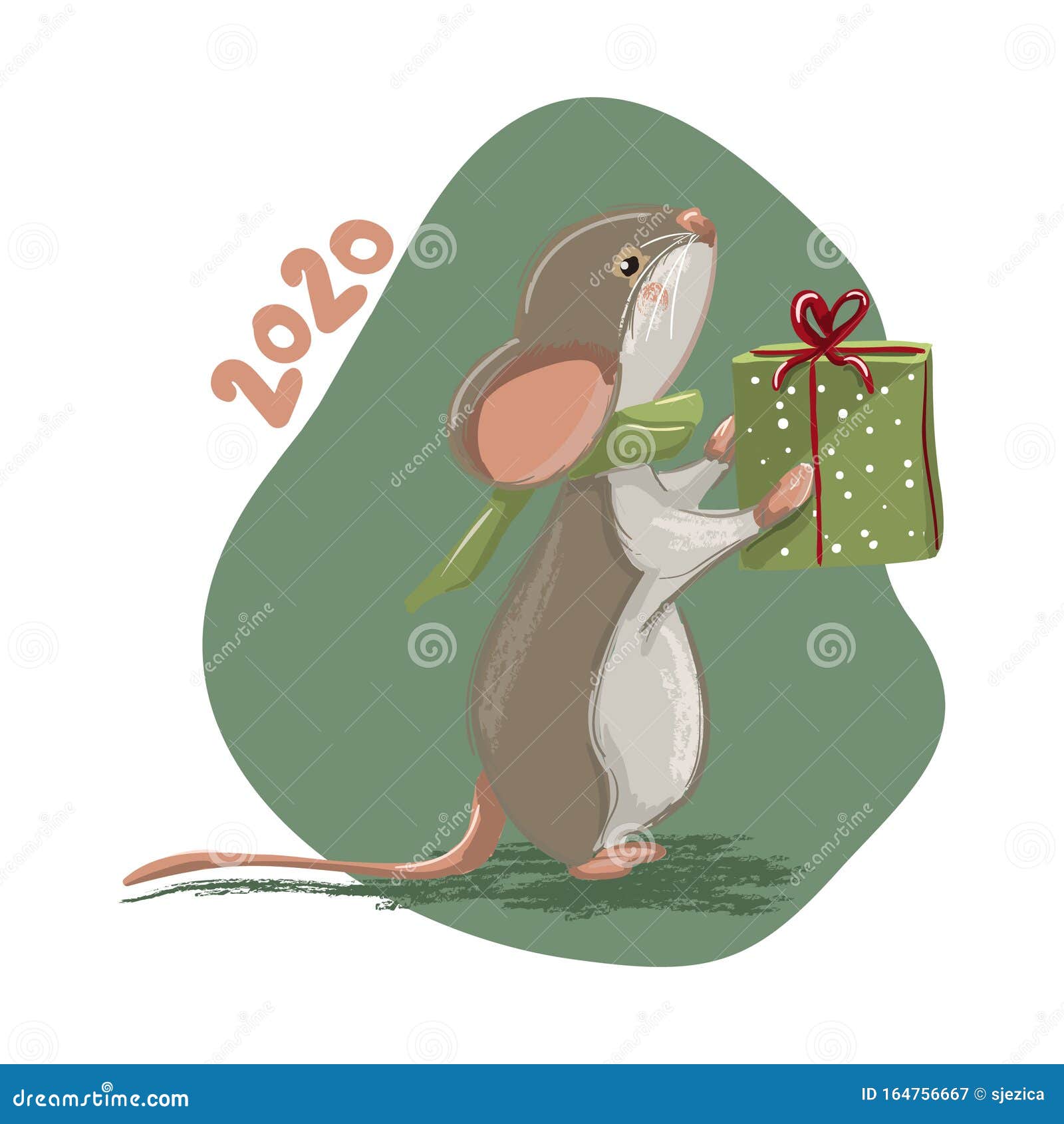 Vector Illustration of Cute Hand Drawn Mouse with Wrapped Present ...