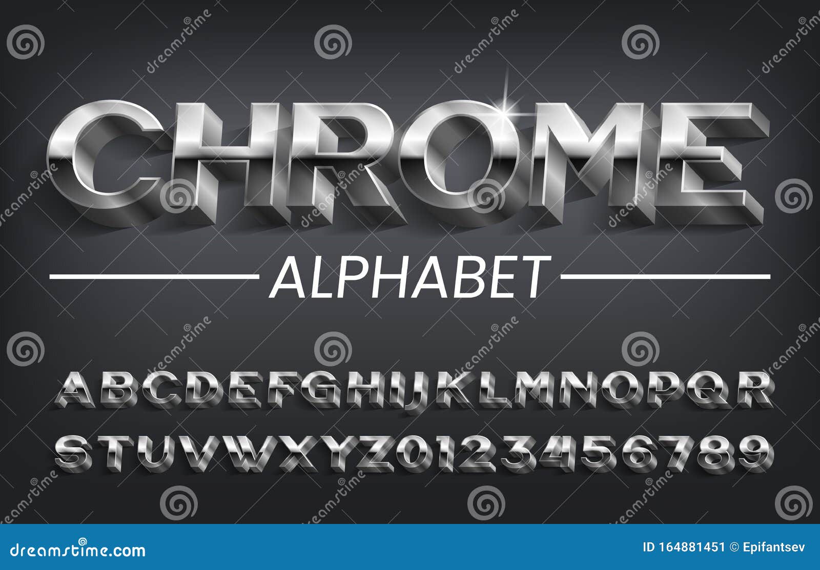 Chrome Alphabet Font. 3D Effect Oblique Metallic Letters, Numbers and ...