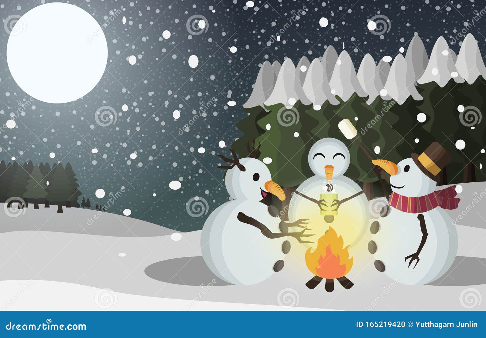 Snowman`s Camping on Christmas Night with the Snow Fall Art - Vector ...