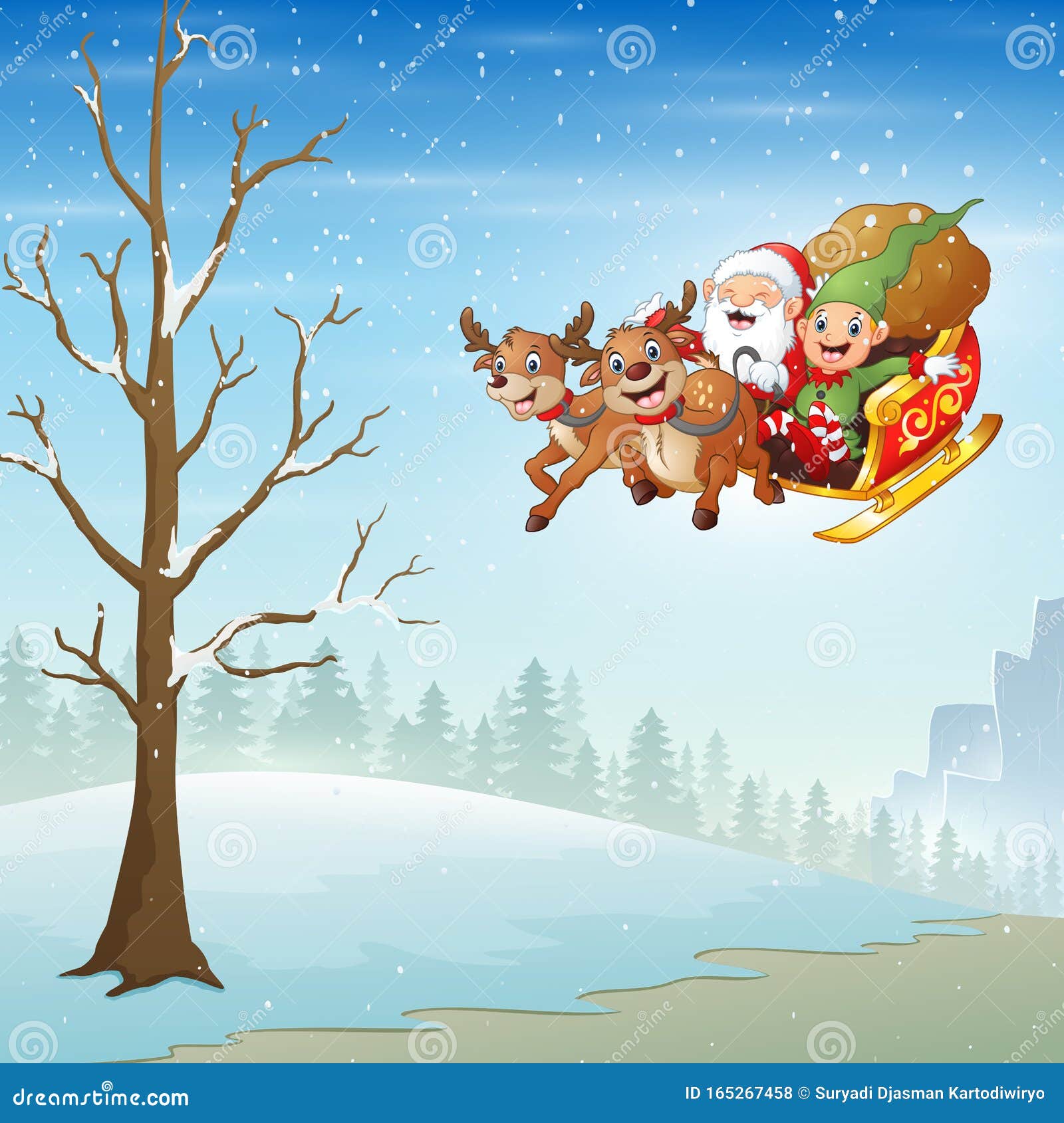 Santa Claus and Elf Riding Deer Sleigh Flying Over Snowy Forest Stock ...