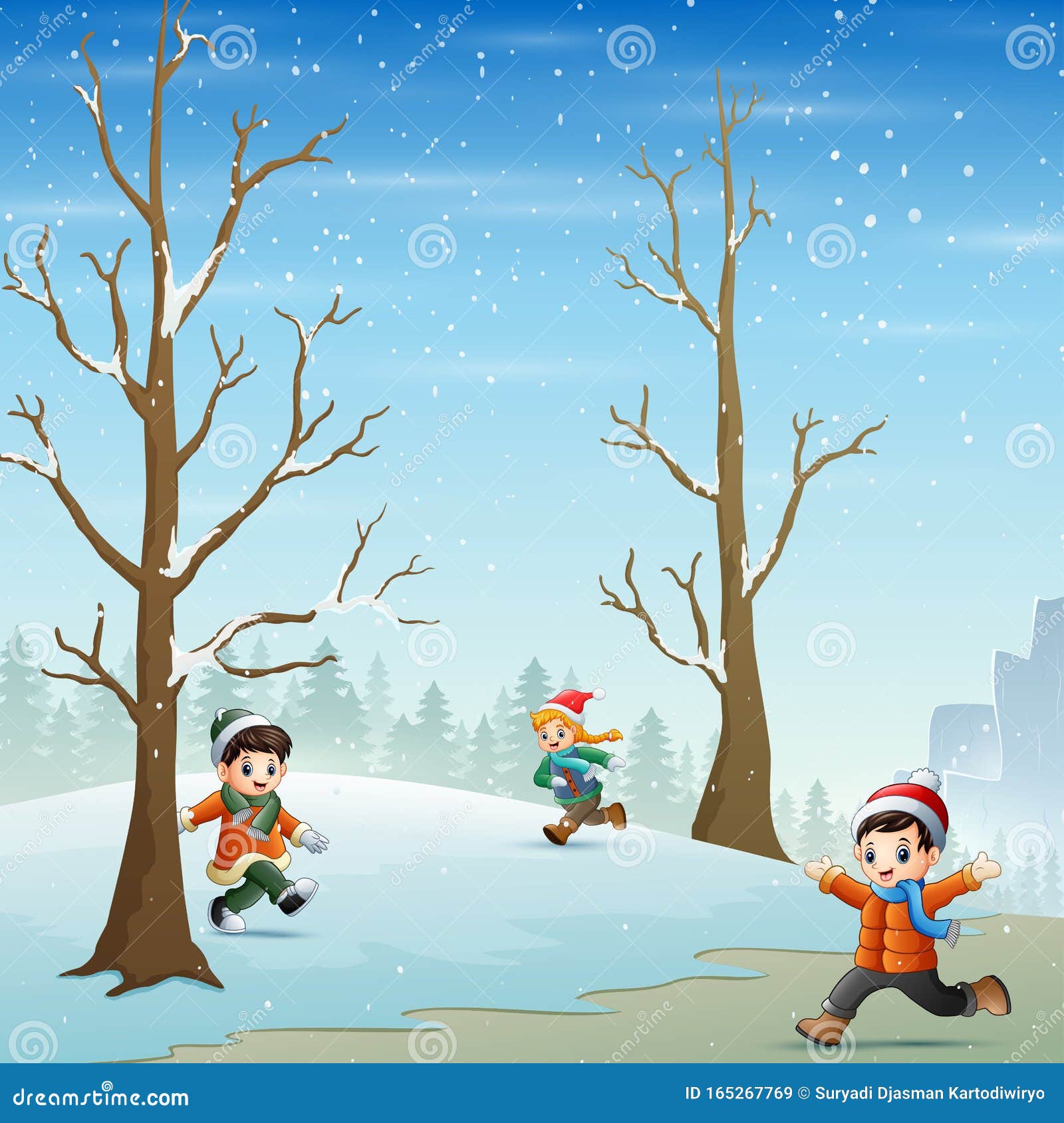 Happy Kids Playing Outdoors in Winter Landscape Stock Vector ...