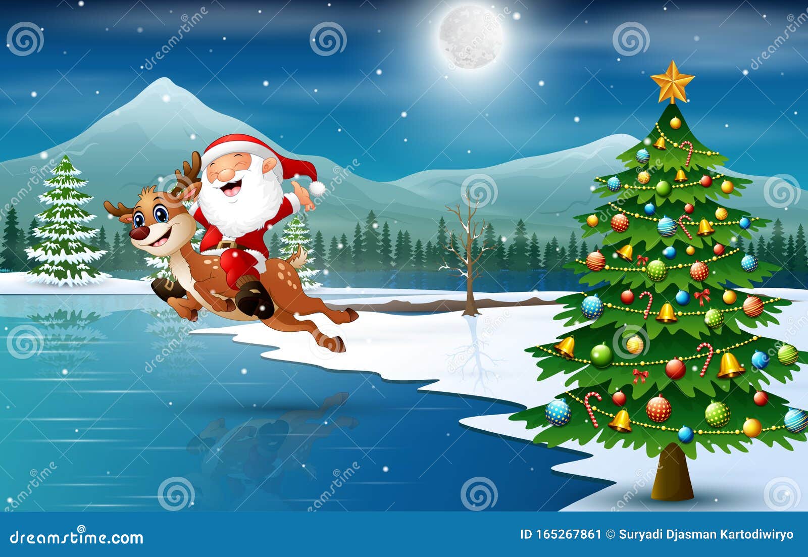 Happy Santa Claus Riding a Reindeer on Christmas Night Stock Vector ...