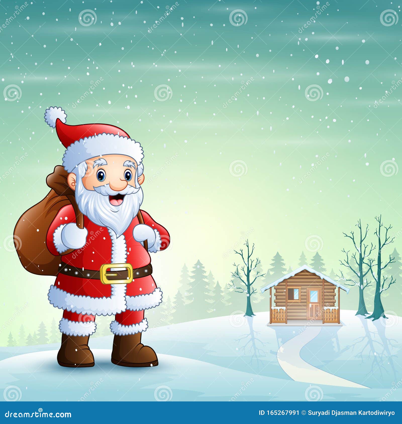 Santa Claus Standing in the Snow with a Bag of Gifts Stock Vector ...