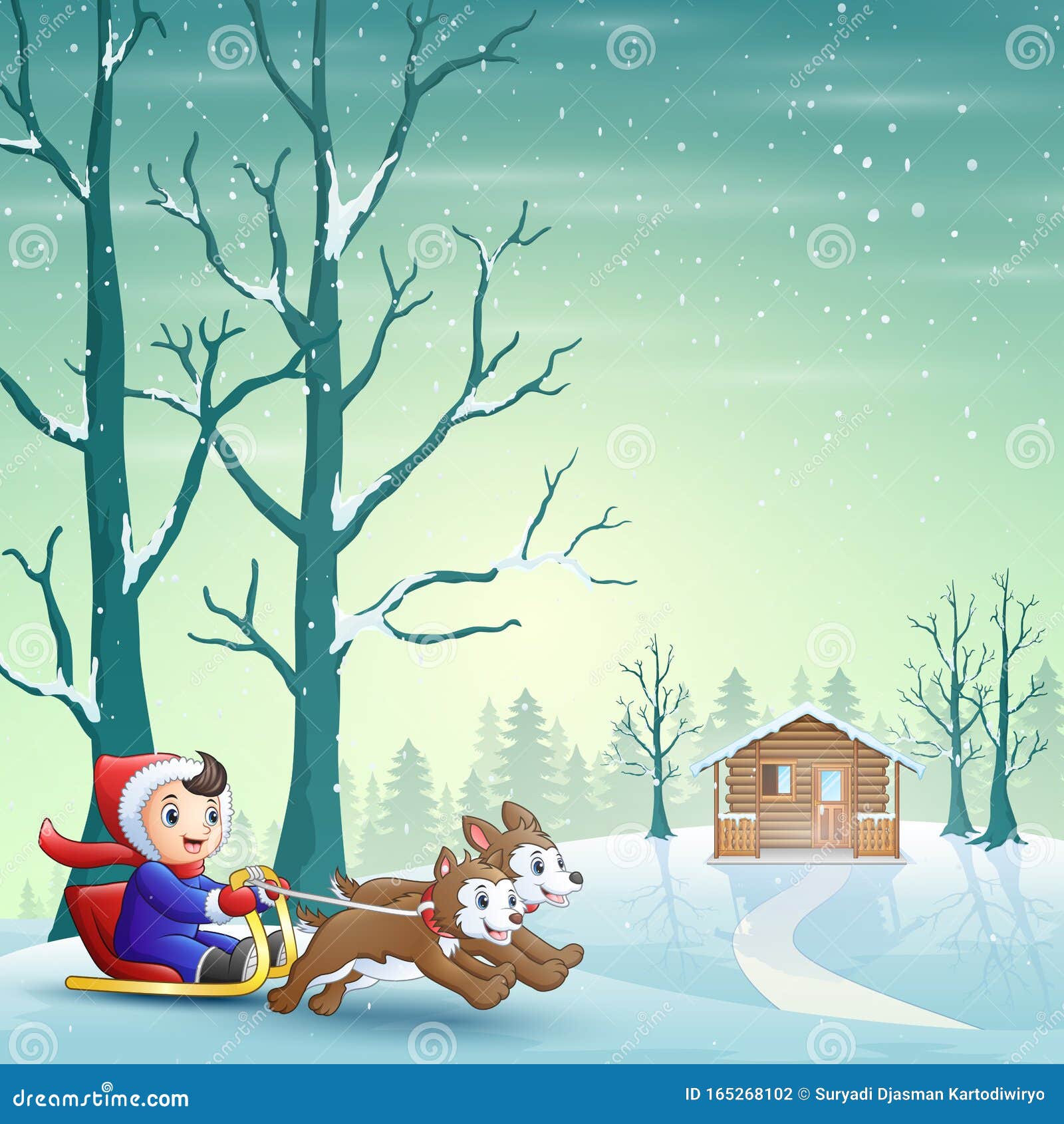 Cartoon Boy Riding Sled on the Snow Pulled by Two Dogs Stock Vector ...
