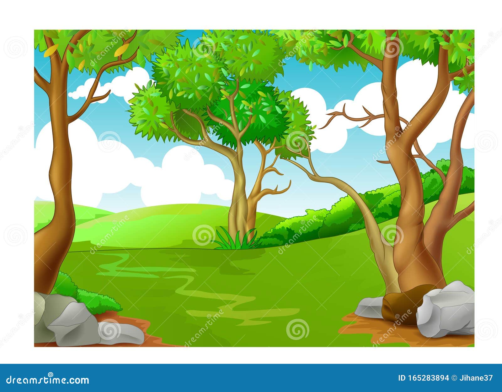 Cool Landscape View with Hill and Trees Cartoon Stock Illustration ...
