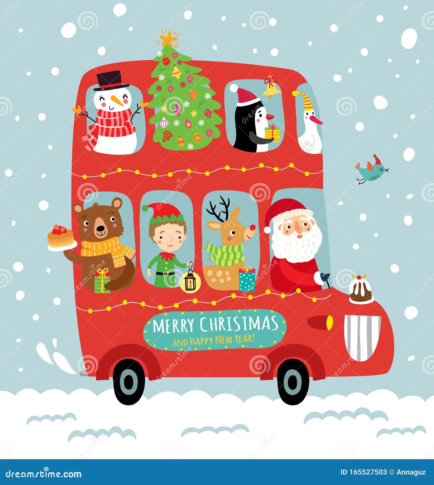 Festive Christmas Bus with Santa and Cute Animals. Stock Vector ...