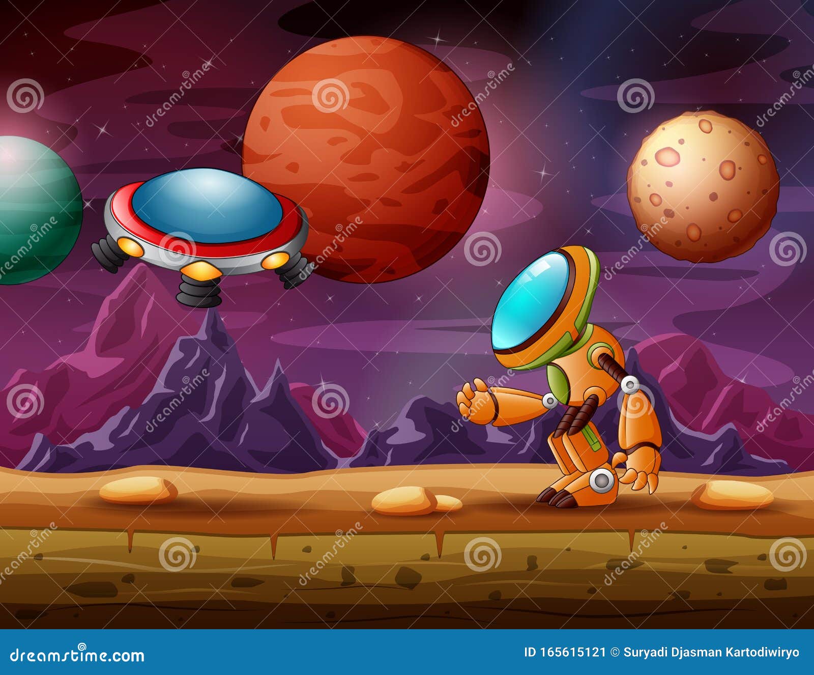 A Robot and Ufo Spaceship in the Space Stock Vector - Illustration of ...