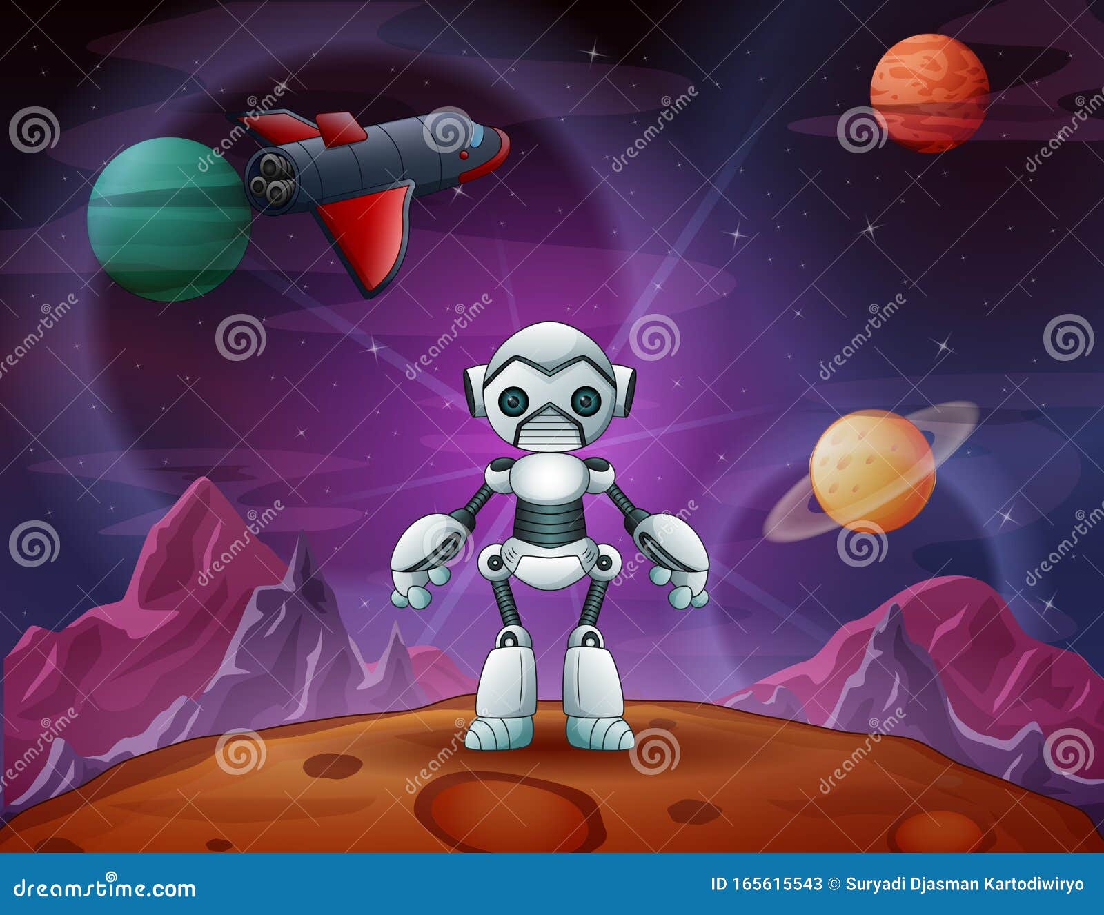 Robot Cartoon in Outer Space with a Plane Stock Vector - Illustration ...