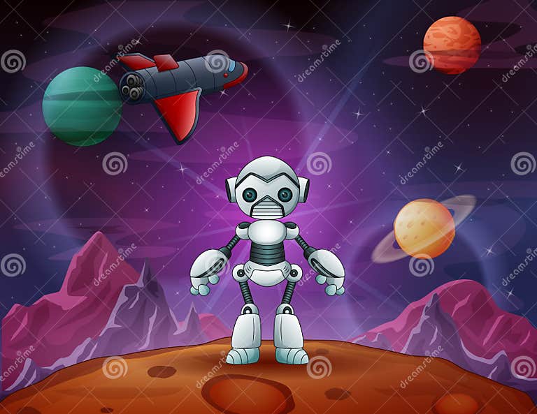 Robot Cartoon in Outer Space with a Plane Stock Vector - Illustration ...