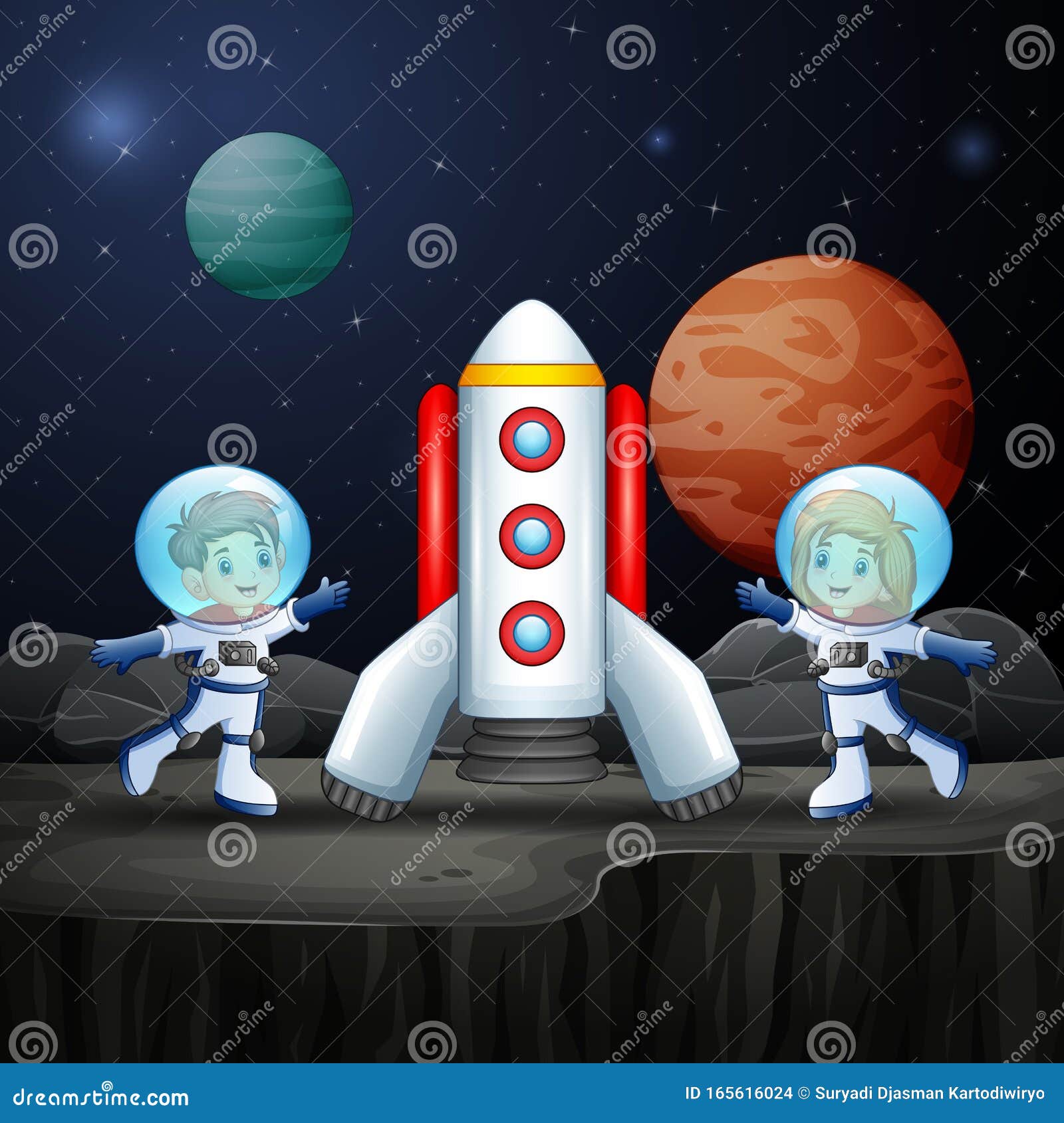 Cartoon Two Astronaut Kids Explore the Space Stock Vector ...