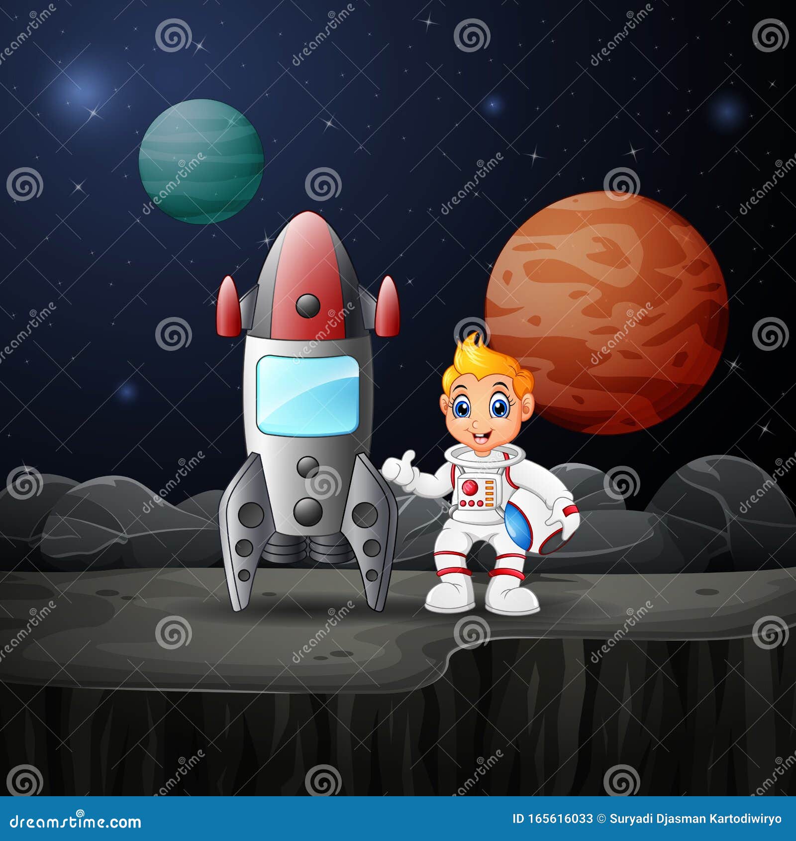 Cartoon Astronaut Boy Holding a Helmet and Rocket Spaceship Stock ...