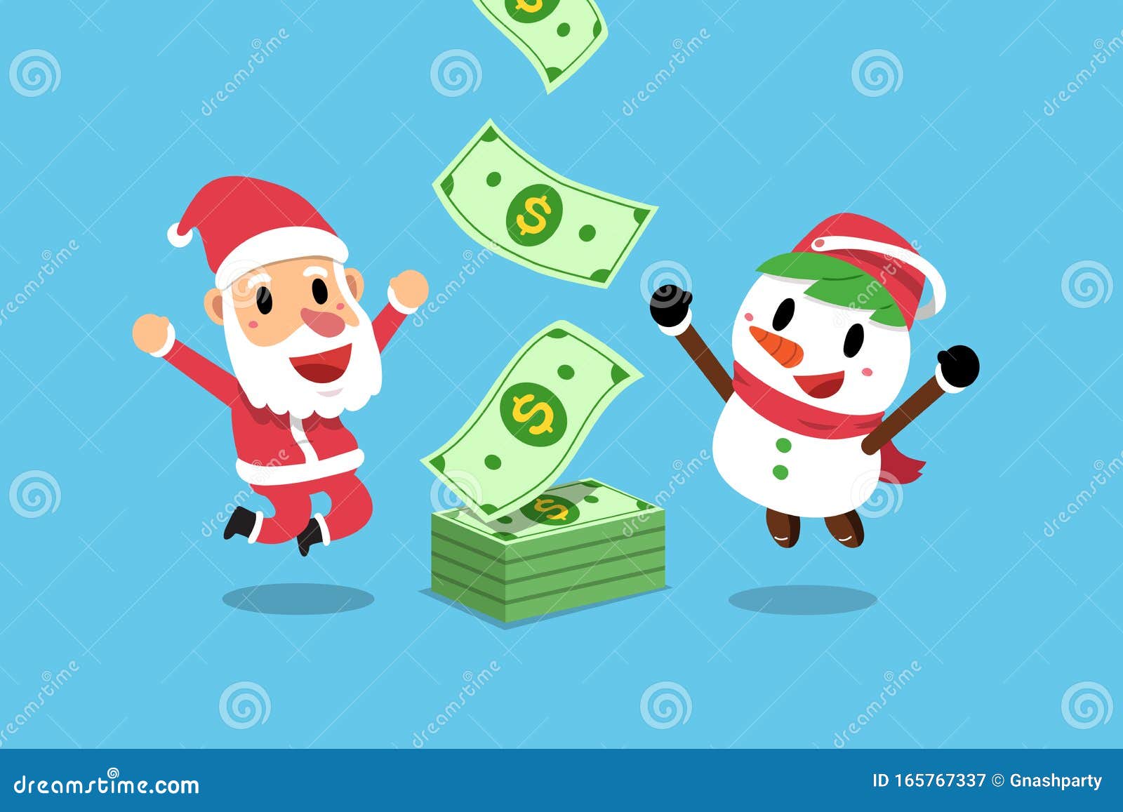 Vector Cartoon Happy Christmas Santa Claus and Snowman Earning Money ...