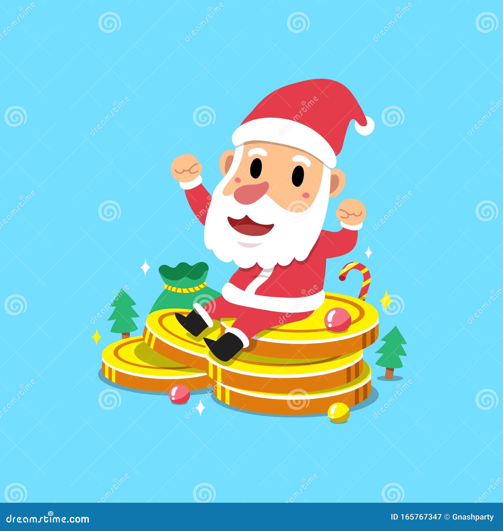Merry Christmas Vector Cartoon Santa Claus with Big Money Coins Stack ...