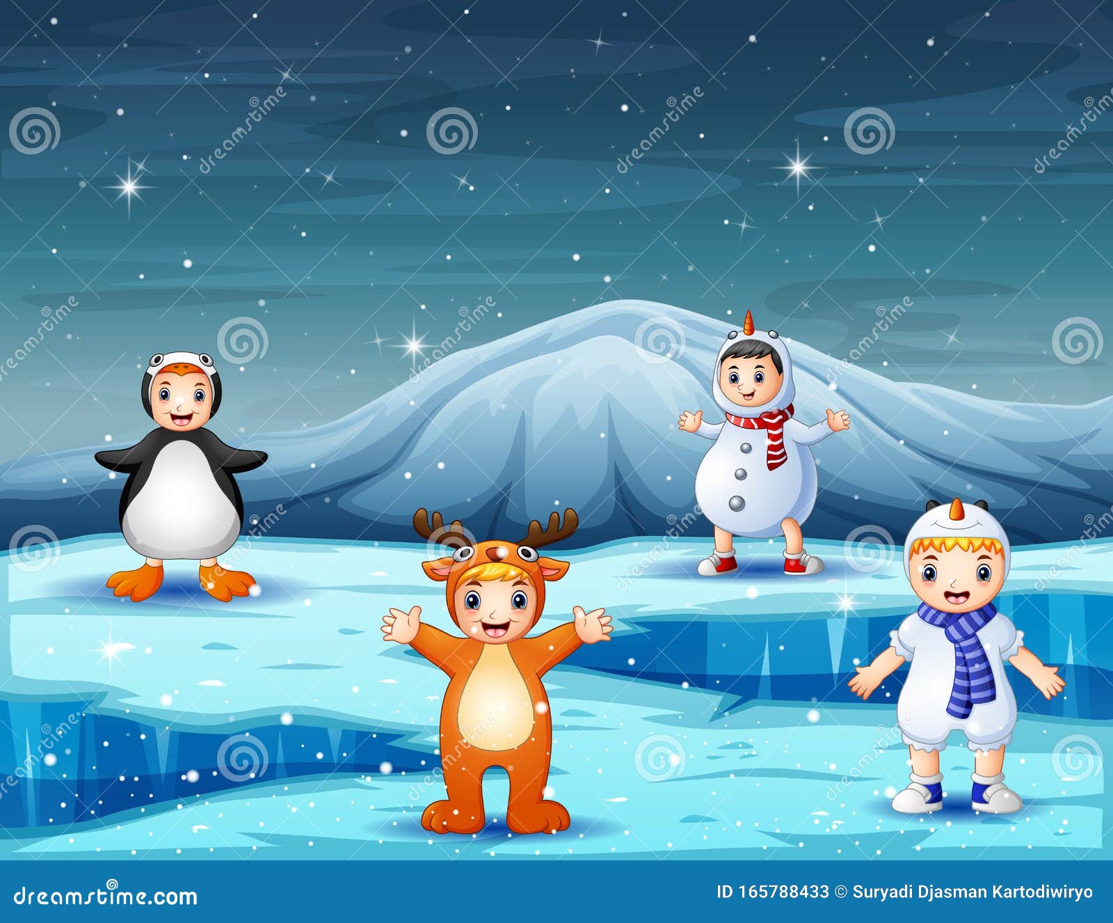 Cute Children in Different Costume on Icy Landscape Stock Vector ...