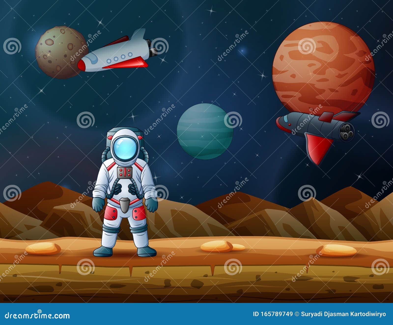 Astronaut and Rocket Landed on a Moon with Alien Planets Background ...