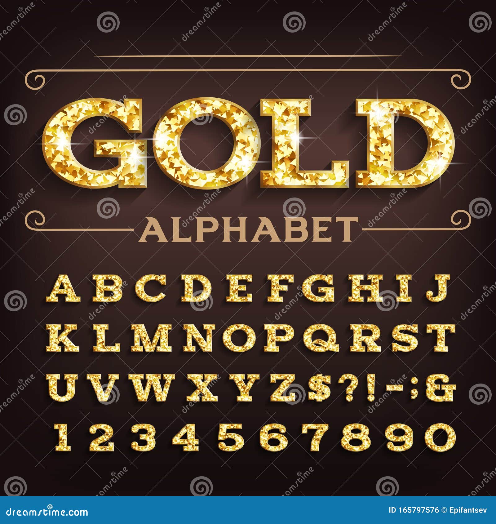 Gold Alphabet Font. Beveled Golden Letters, Numbers And Symbols. Vector ...