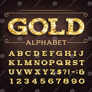 Gold Alphabet Font. Retro Golden Beveled Letters and Numbers with ...