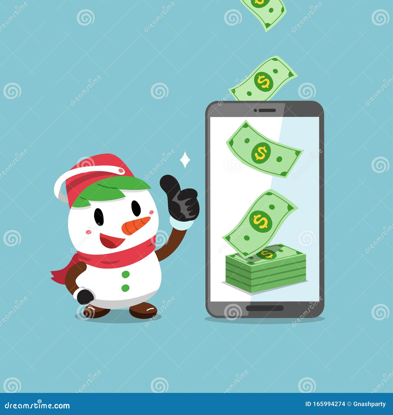 Merry Christmas Vector Cartoon Snowman Earning Money with Smartphone ...