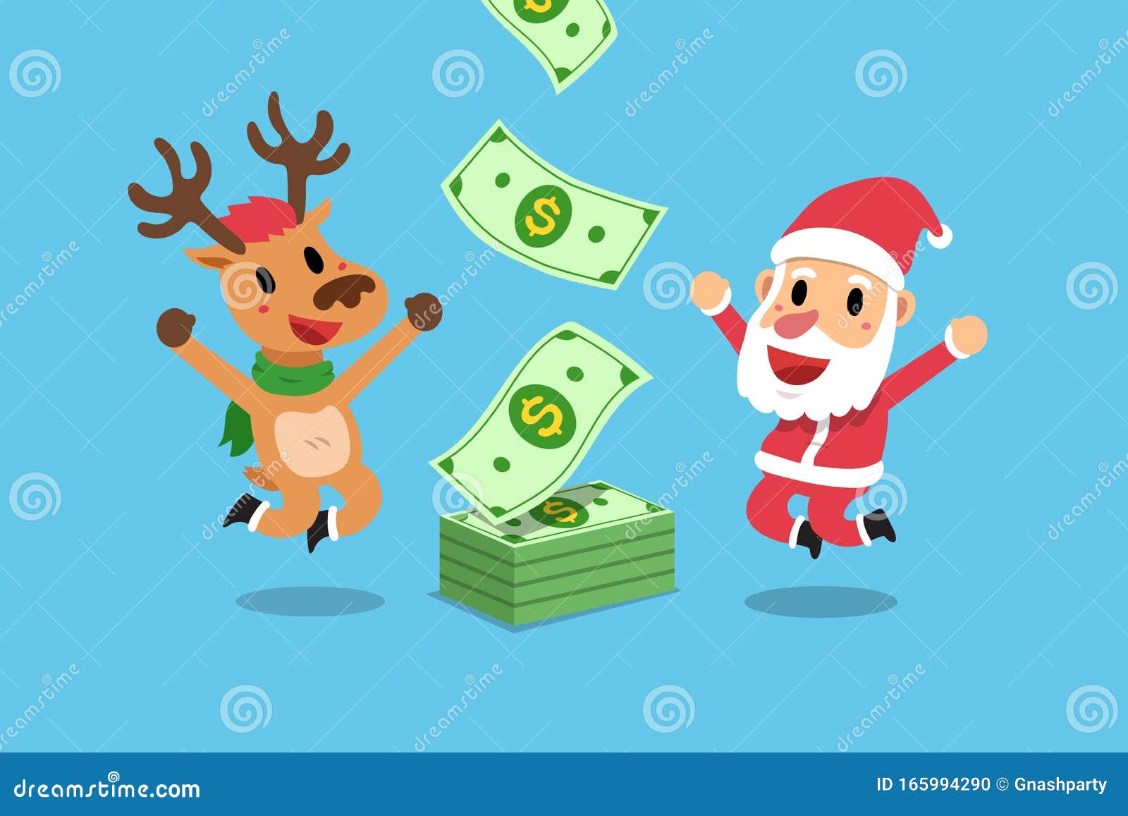 Vector Cartoon Happy Christmas Santa Claus and Reindeer Earning Money ...