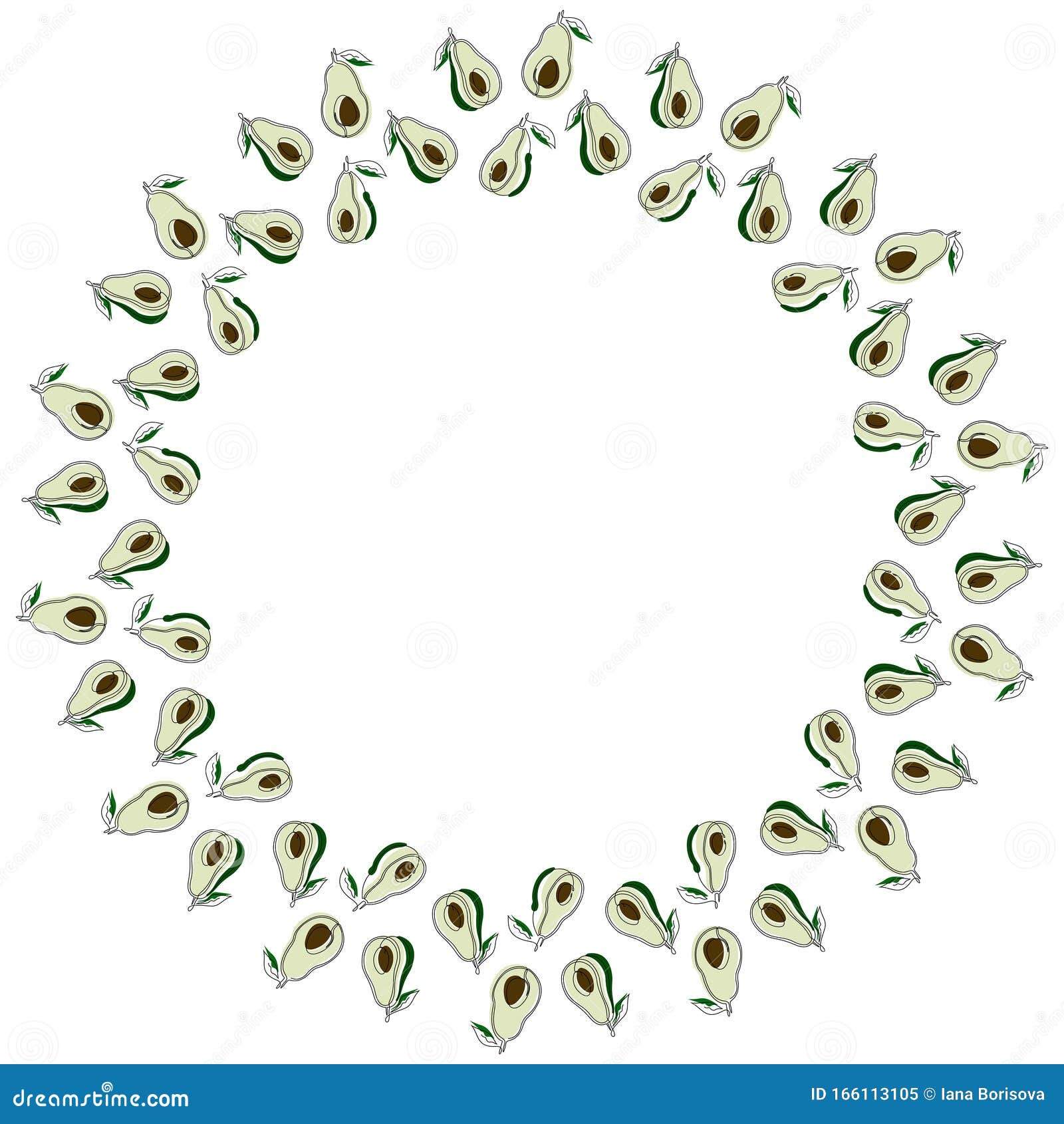 Round Frame of Avocado Halves Drawn in Line Art Style. Contours with ...