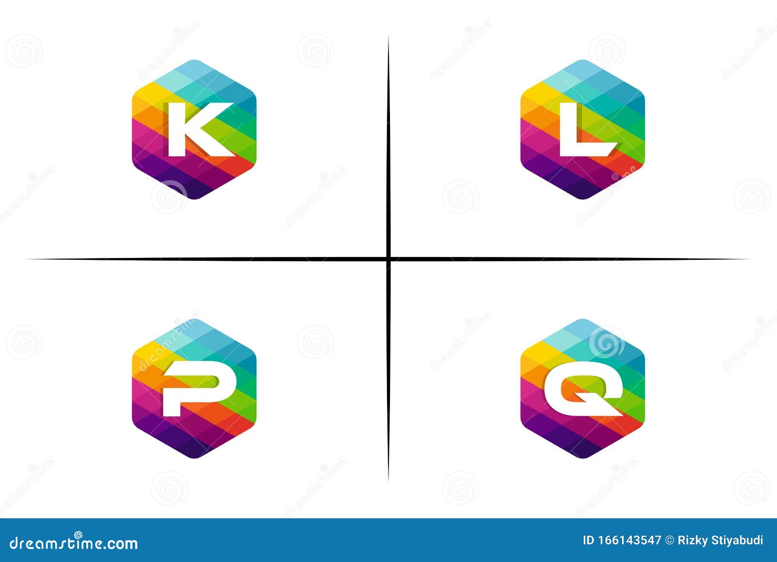 Set of K, L, P and Q Letter Colorful Logo in the Hexagonal. Stock ...