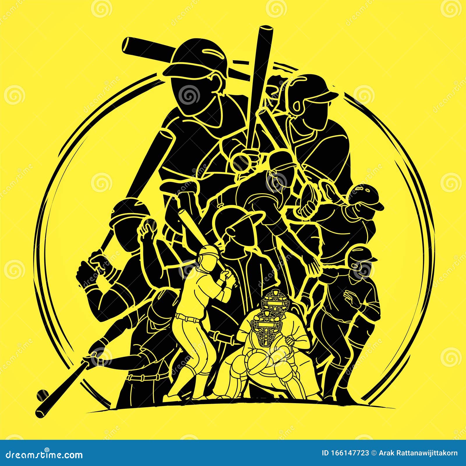 Group of Baseball Players Action Cartoon Sport Graphic Stock Vector ...