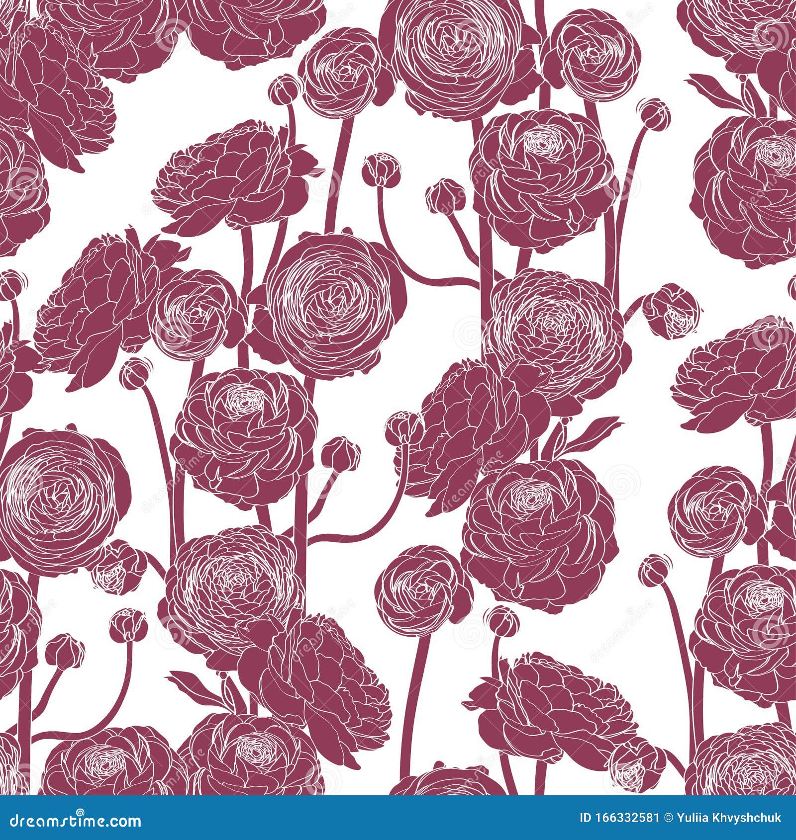 Elegant Seamless Pattern with Hand Drawn Line Ranunculus Flowers. Stock ...