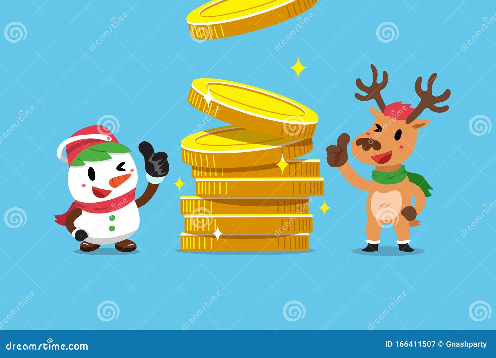 Merry Christmas Vector Cartoon Reindeer and Snowman with Big Money ...