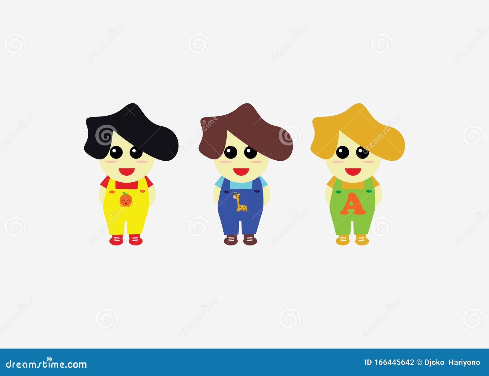 Three Kids Character Funny Cute Vector Illustration, Coloring Hair and ...