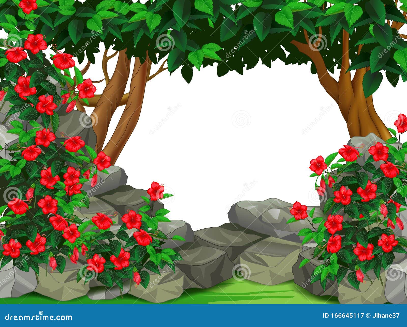 Beautiful Forest View with Rocks, Trees, and Flowers Cartoon Stock ...