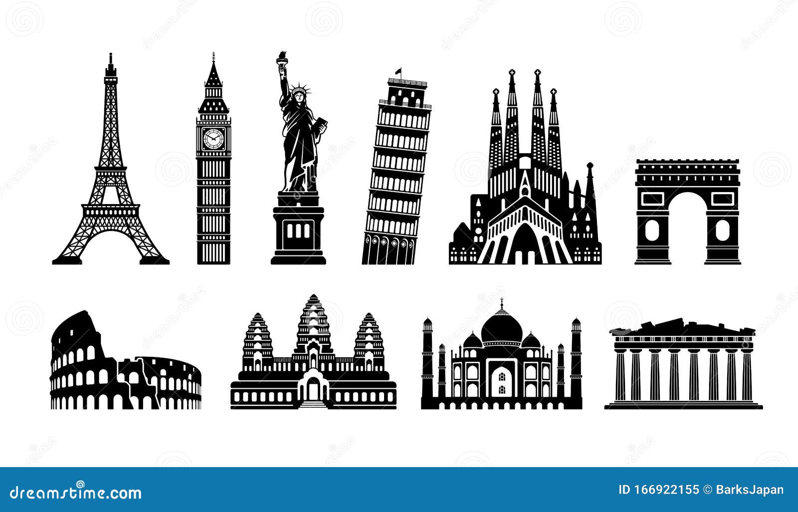 World Famous Buildings Monochrome Vector Illustration Set World ...