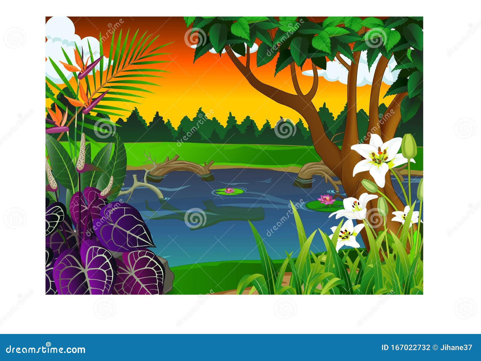 Cool Landscape View with Forest, Lake, Trees, and Flower Cartoon Stock ...