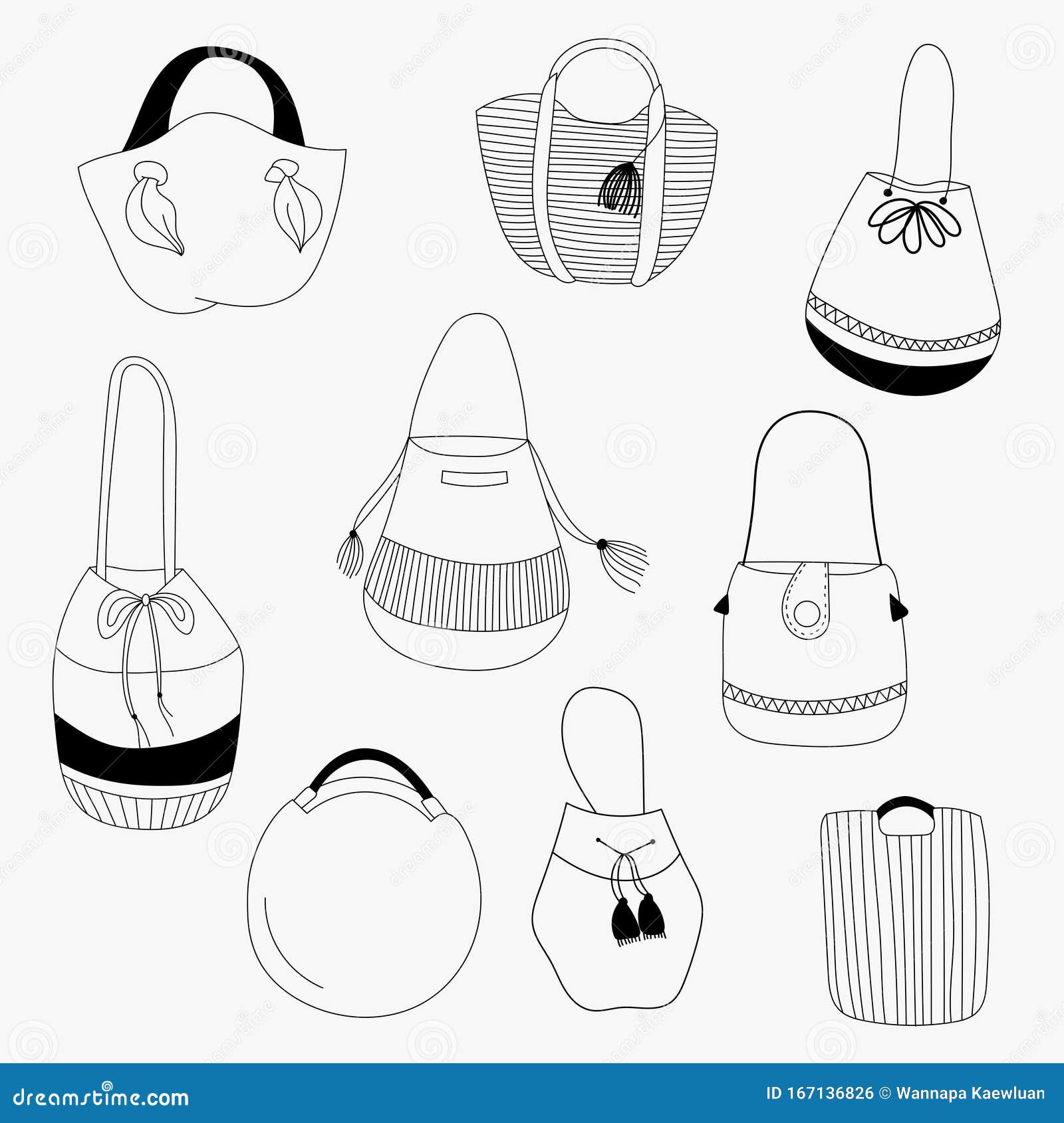 Handbag Cartoon Doodle Outline Hand Drawn Collection Stock Illustration ...