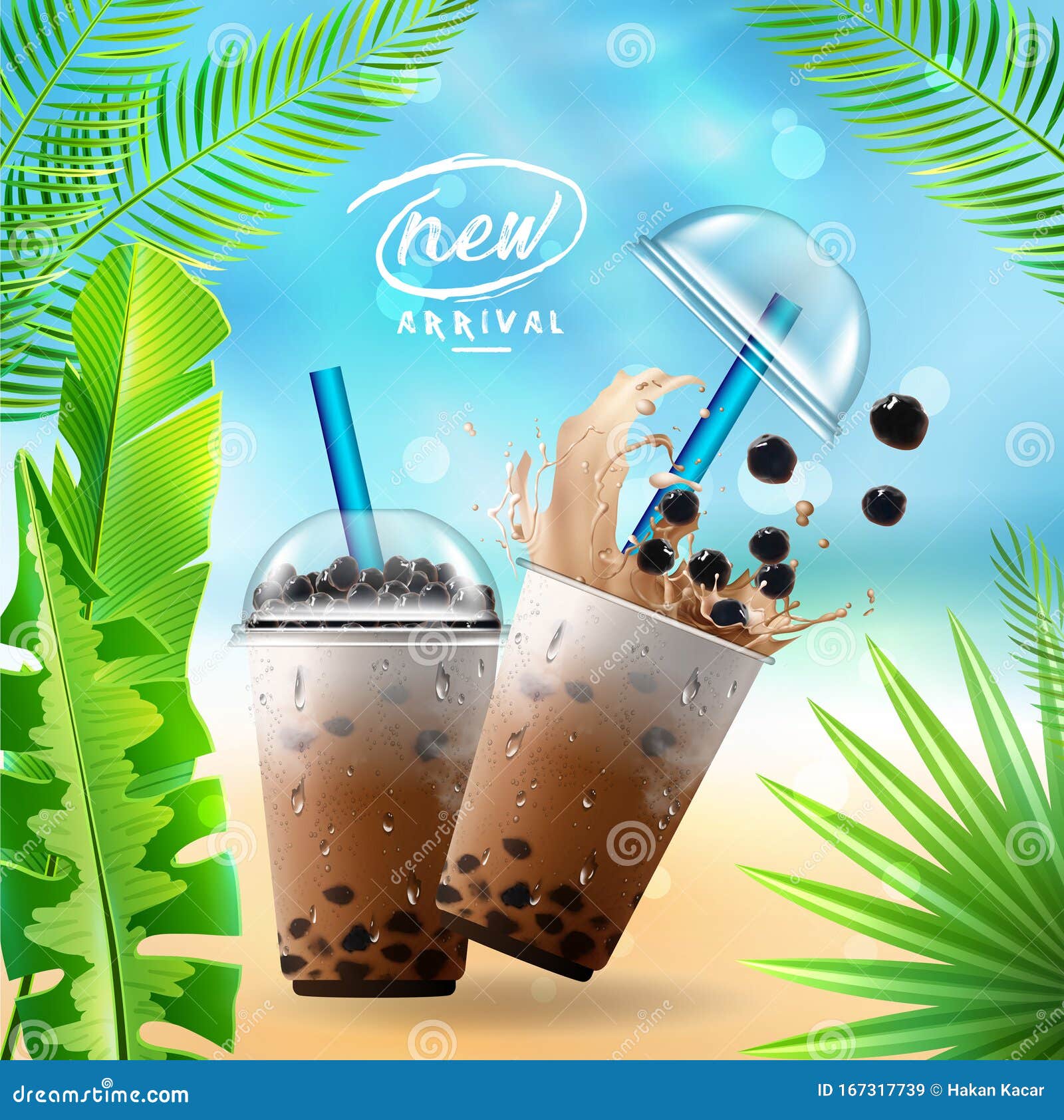 Bubble Milk Tea Ads with Delicious Tapioca and Pearl Pouring into . 3d ...
